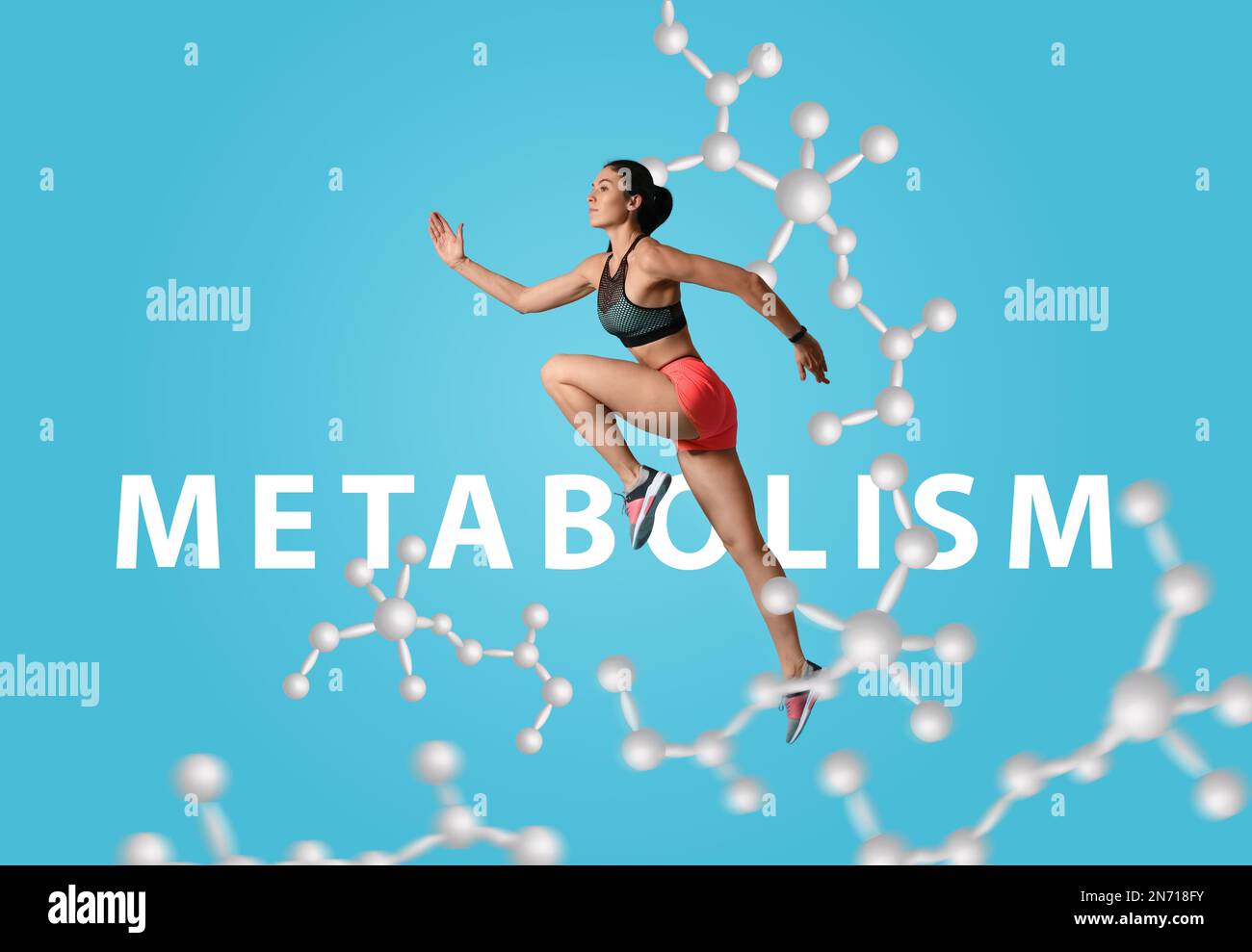 Metabolism concept. Molecular chain illustration and athletic young ...