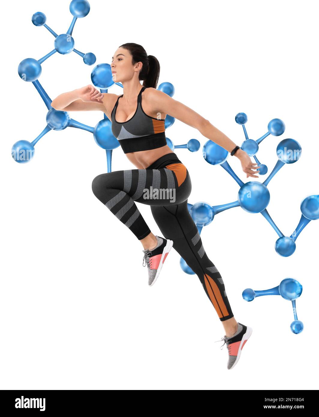 Metabolism concept. Molecular chain illustration and athletic young ...