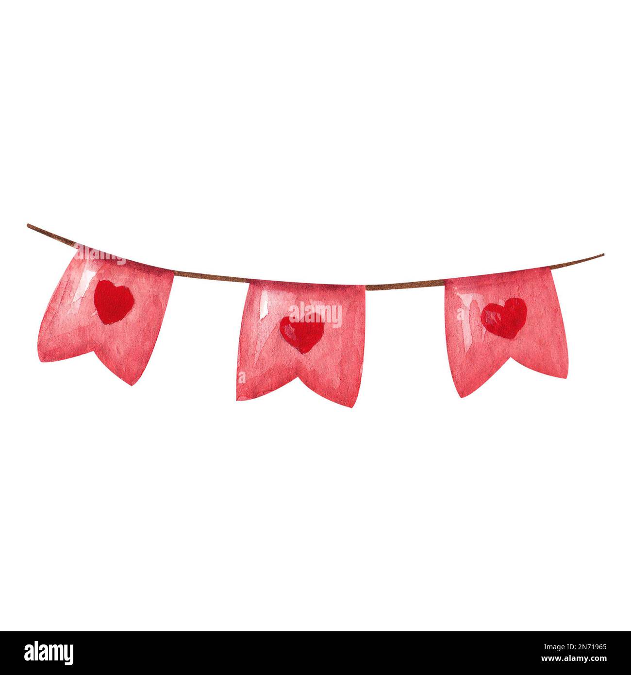 Watercolor red party flags with hearts. Hand drawn watercolour ...