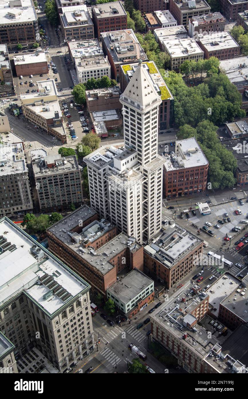Seattle, Washington, USA. Aerial view with Smith Tower over downtown ...