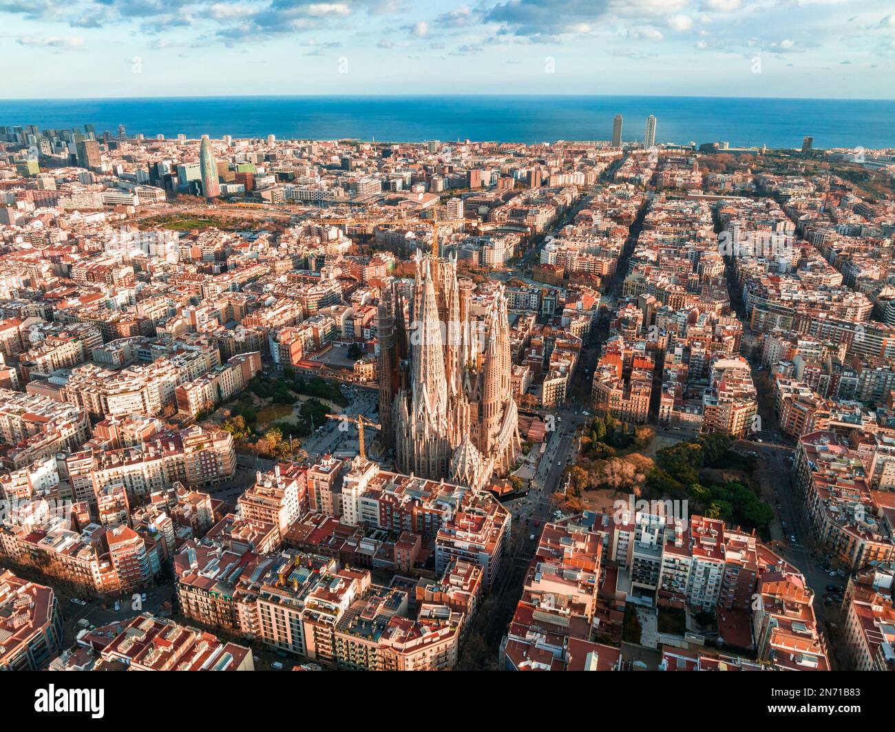 Aerial view of Barcelona City Skyline and Sagrada Familia Cathedral at ...