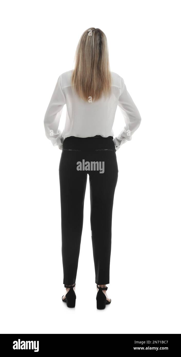 Young woman on white background, back view Stock Photo - Alamy