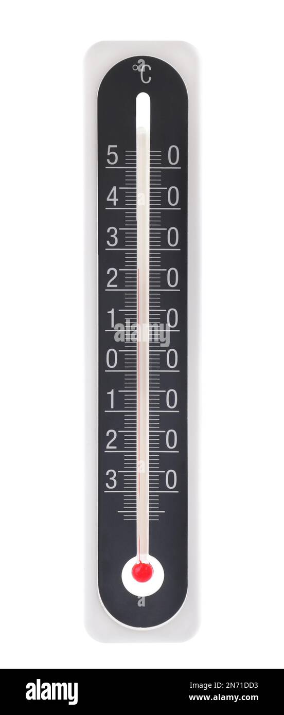 Modern black weather thermometer on white background Stock Photo - Alamy