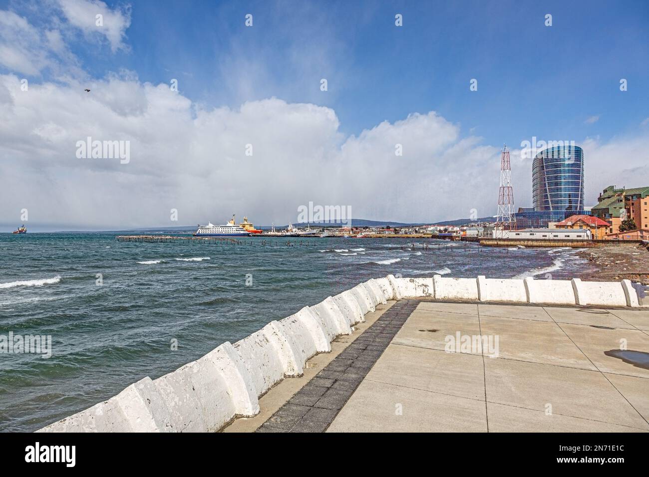 View along the promenade to the port of Punta Arenas in Chile during ...