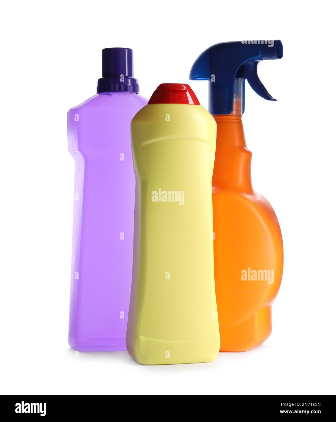 Bottles of different cleaning products isolated on white Stock Photo ...