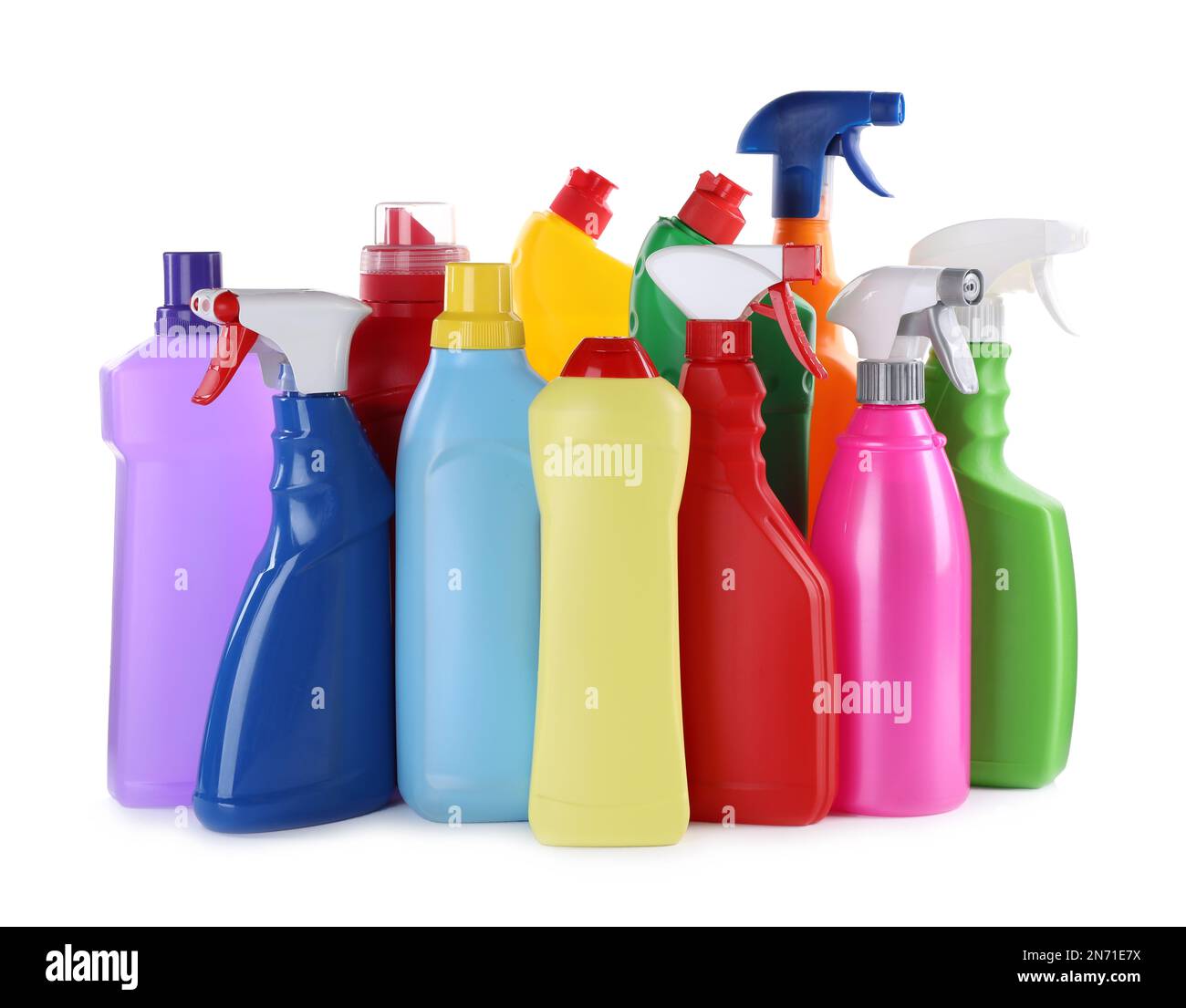 Bottles of different cleaning products isolated on white Stock Photo ...