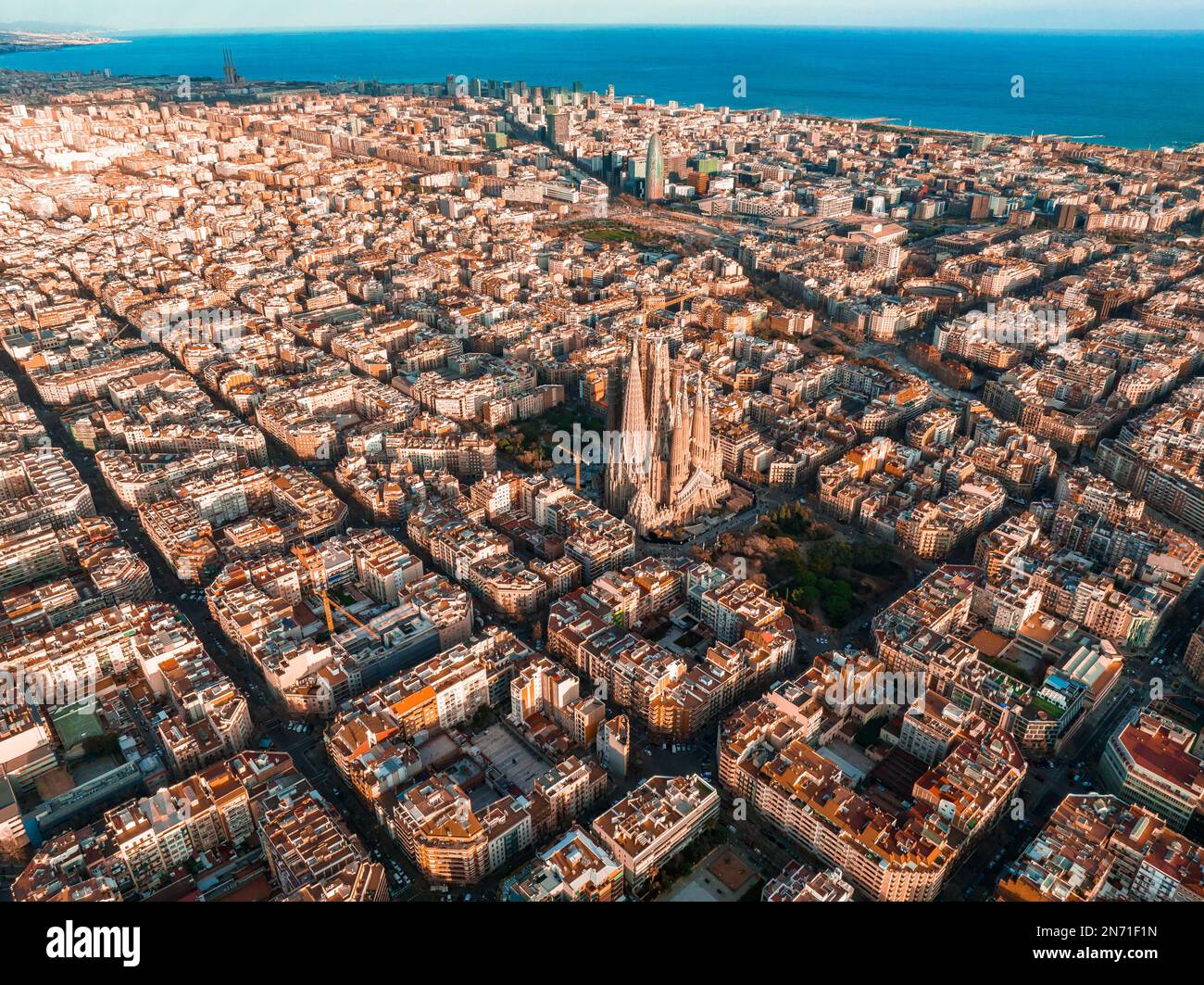 Aerial view of Barcelona City Skyline and Sagrada Familia Cathedral at ...