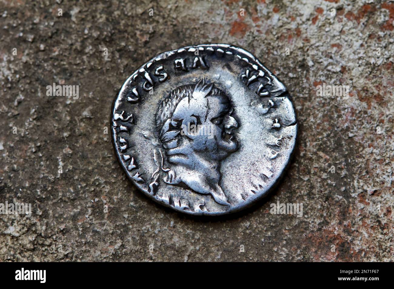 Roman silver denarius coin showing portrait of emperor Flavius ...