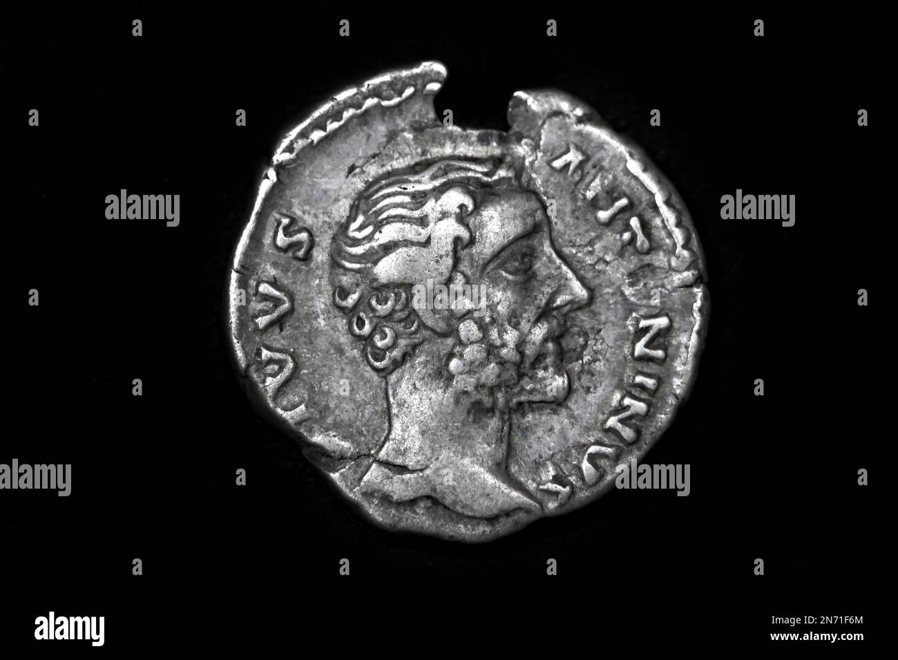 Roman silver denarius coin showing portrait of emperor Antoninus Pius ...