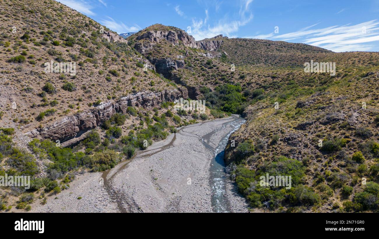 Aerial view of a creek running through the gorge of Quebrada El Diablo ...