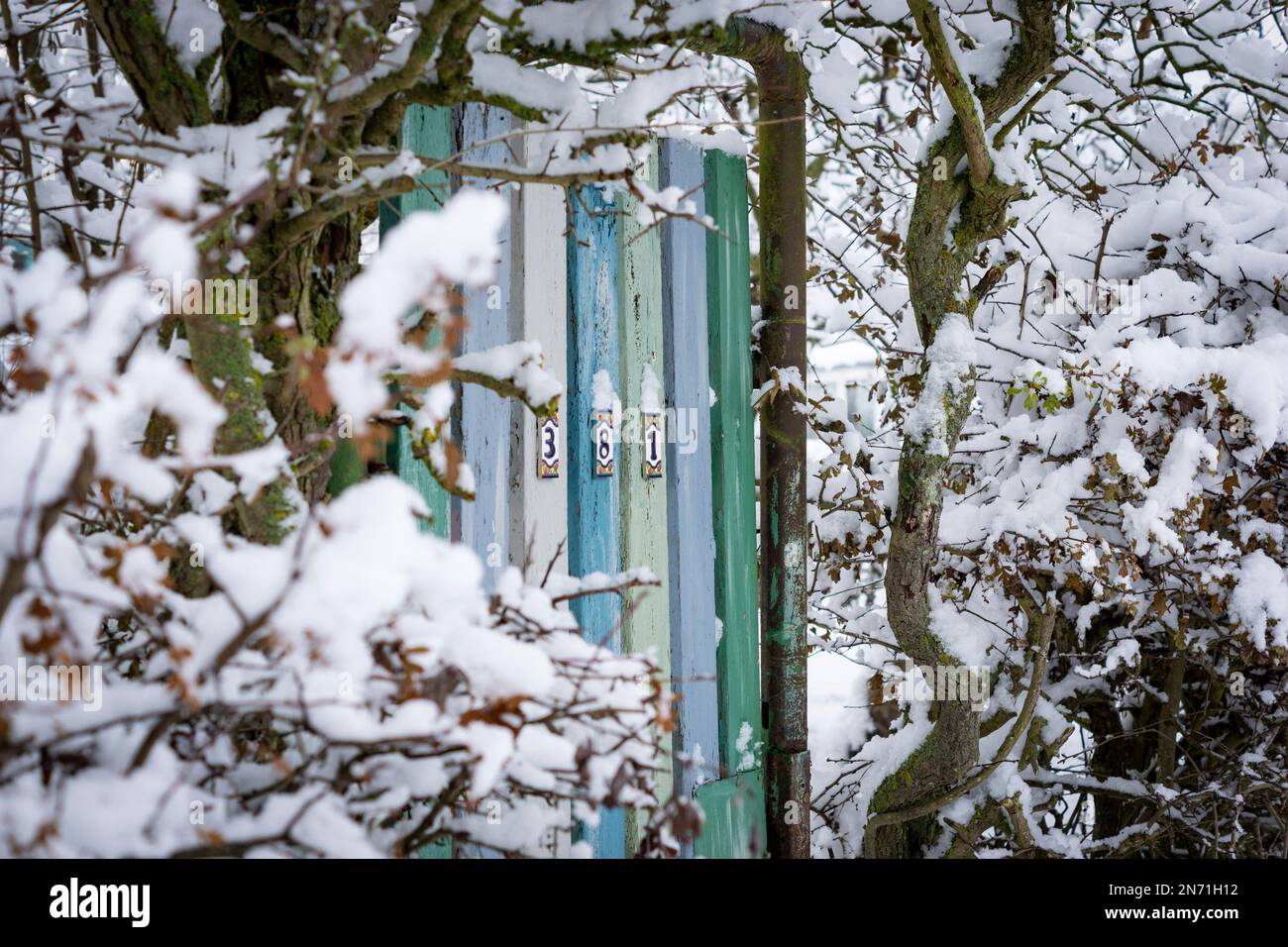 Winter, Snow, Garden, Garden gate Stock Photo - Alamy