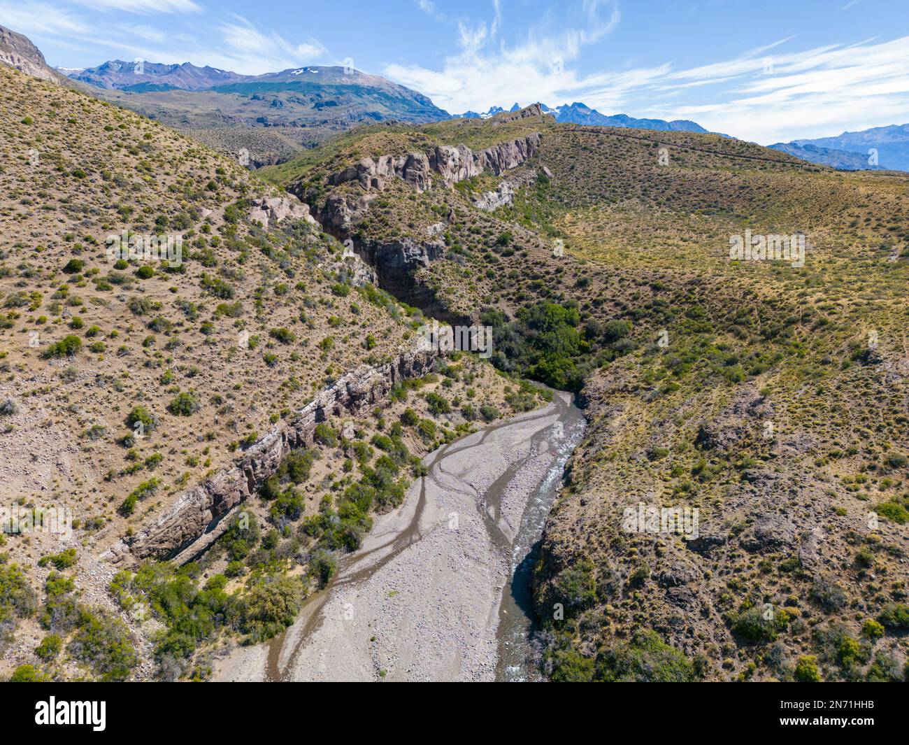 Aerial view of a creek running through the gorge of Quebrada El Diablo ...