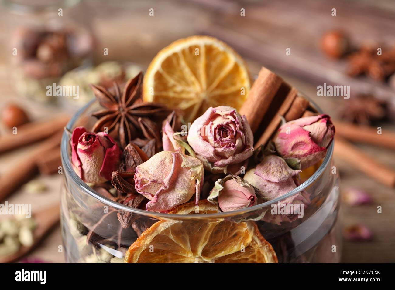 Aroma potpourri with different spices in jar, closeup view Stock Photo ...