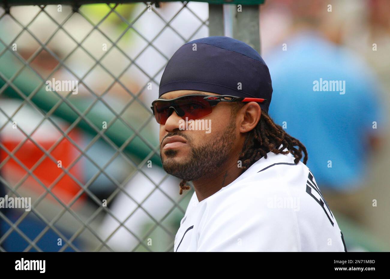 Detroit Tigers first baseman Prince Fielder is seen in the dugout ...