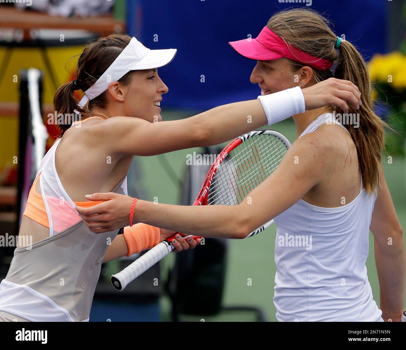 Andrea Petkovic, from Germany, left, greets compatriot Mona Barthel after their match at the ...