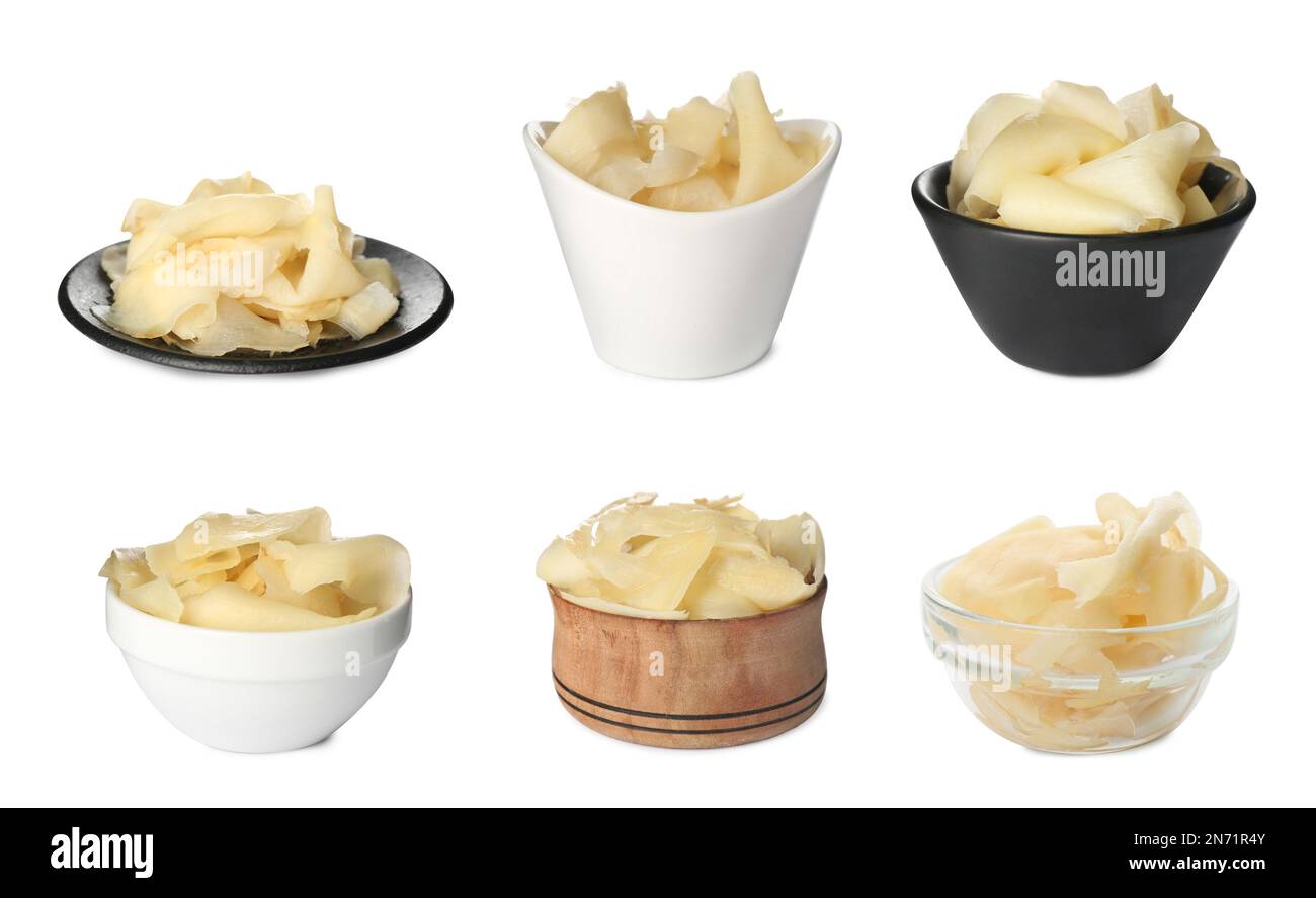 Set with pickled ginger on white background Stock Photo - Alamy