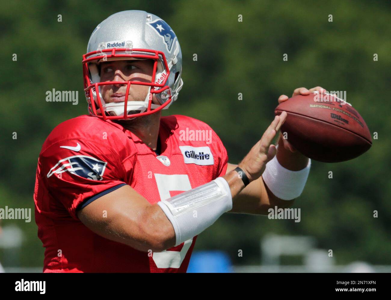 New England Patriots quarterback Tim Tebow during a team NFL football ...