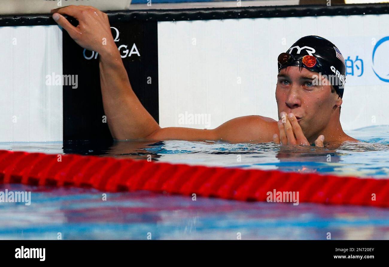Matt Grevers of the United States reacts after winning the gold medal ...