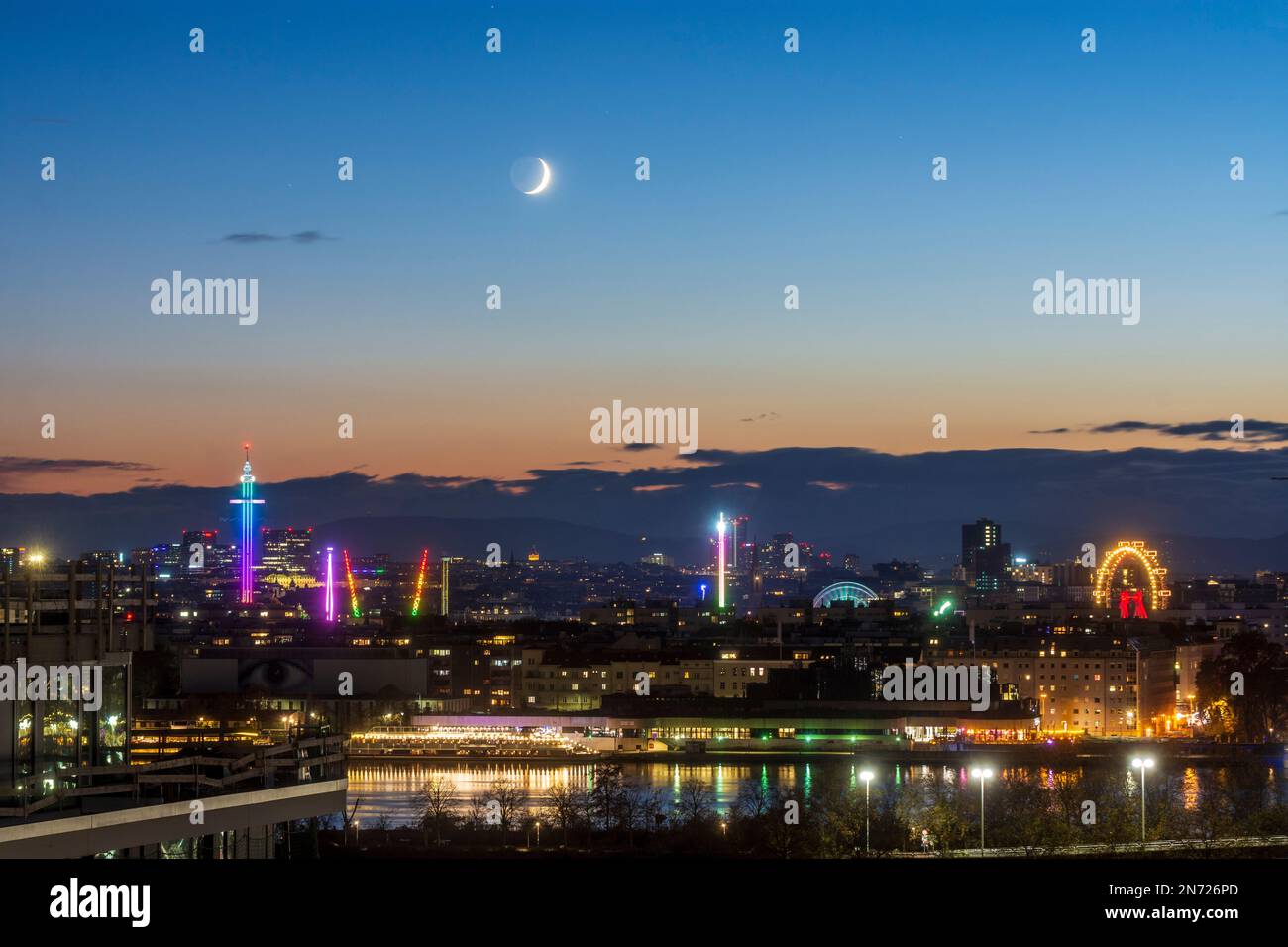Vienna, river Donau (Danube), amusement park Prater, Starflyer carousel ...