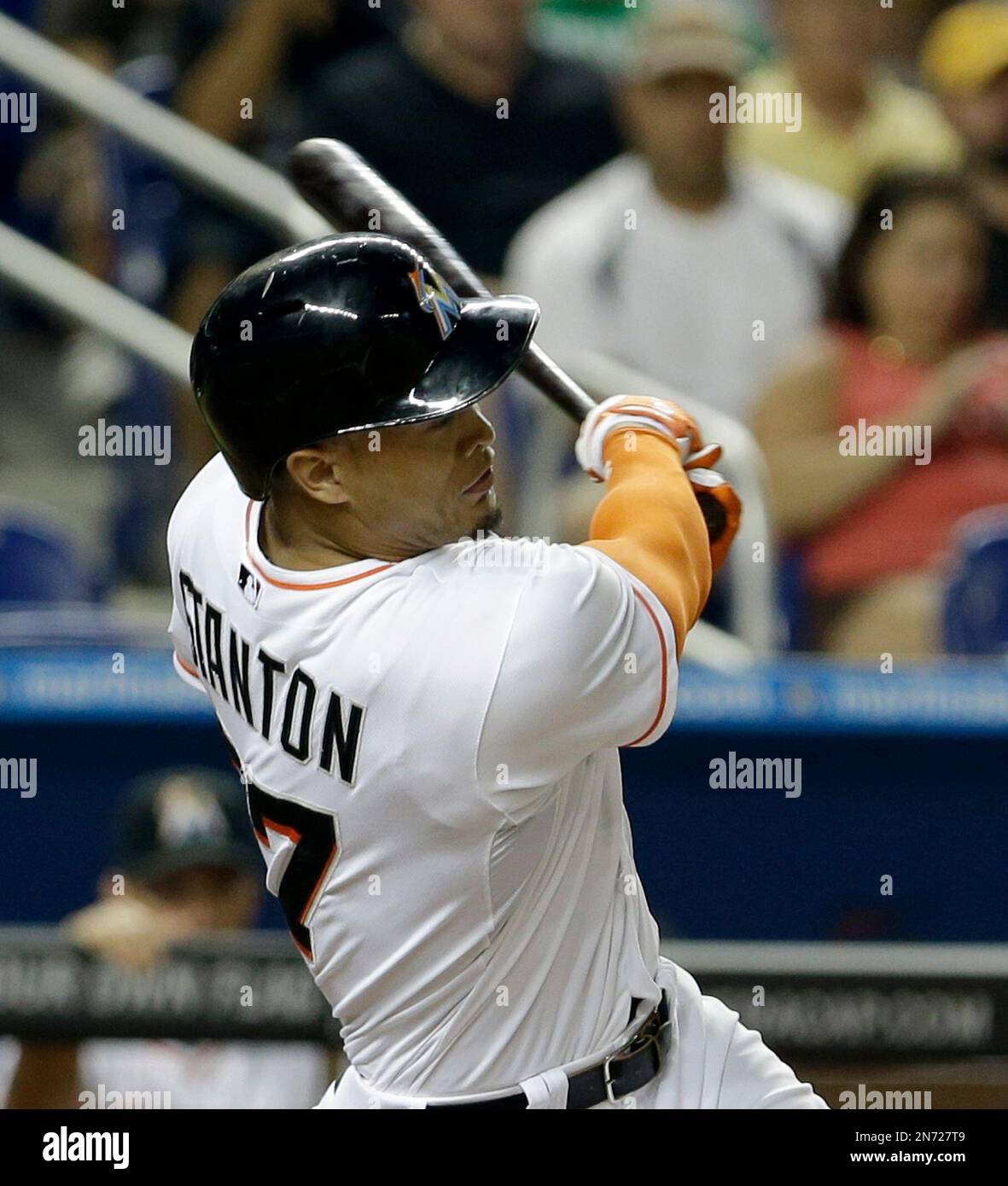 Miami Marlins' Giancarlo Stanton follows through during an at bat ...