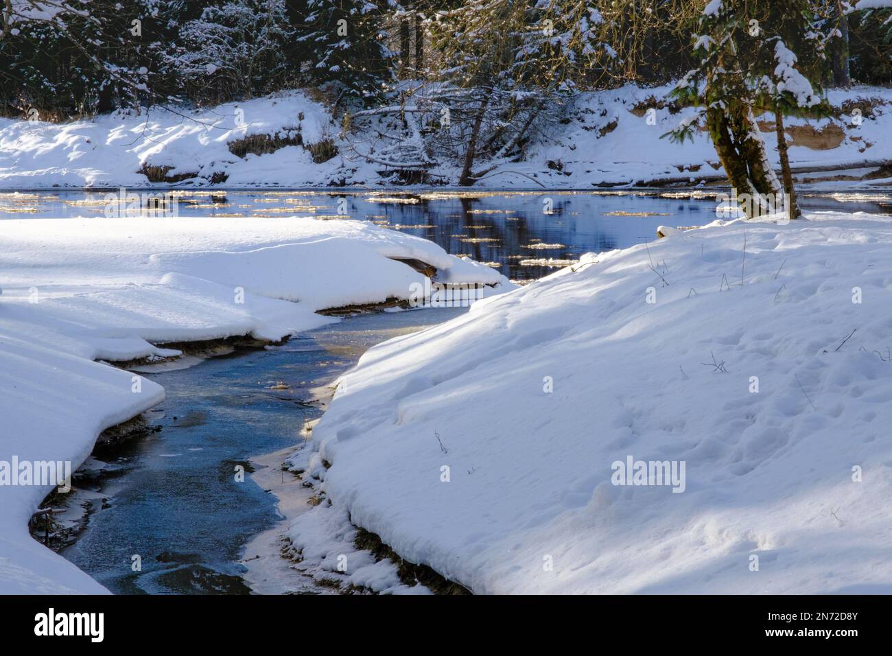 A small winding river with snowy banks flows into a larger river. A ...