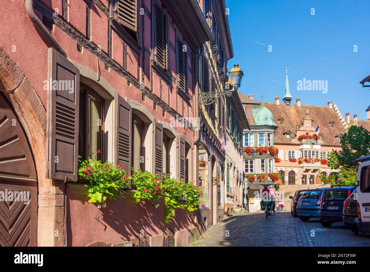 Barr, Old Town, cyclists, view to Town Hall in Alsace (Elsass), Bas ...