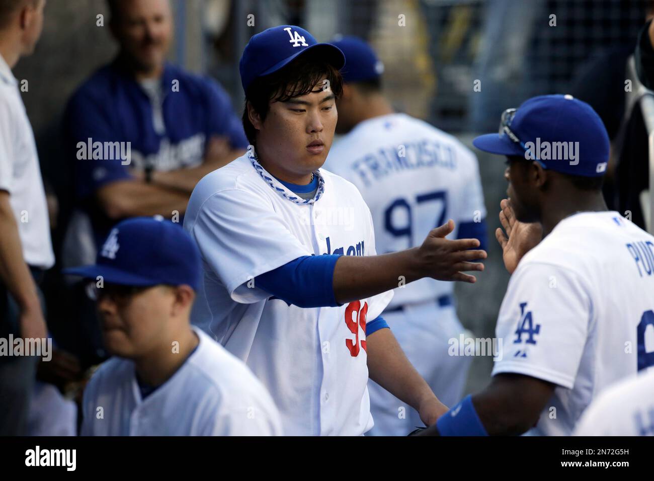 Dodgers pitcher Hyun-Jin Ryu, of South Korea, during a baseball game ...
