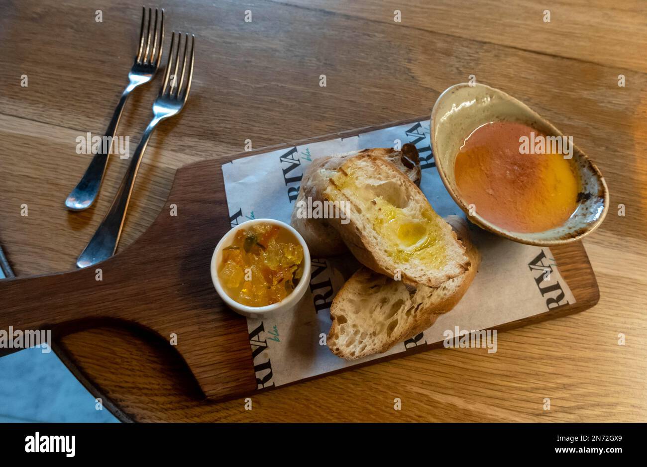 Liver pate with toasted French bread at Riva in UK Stock Photo - Alamy