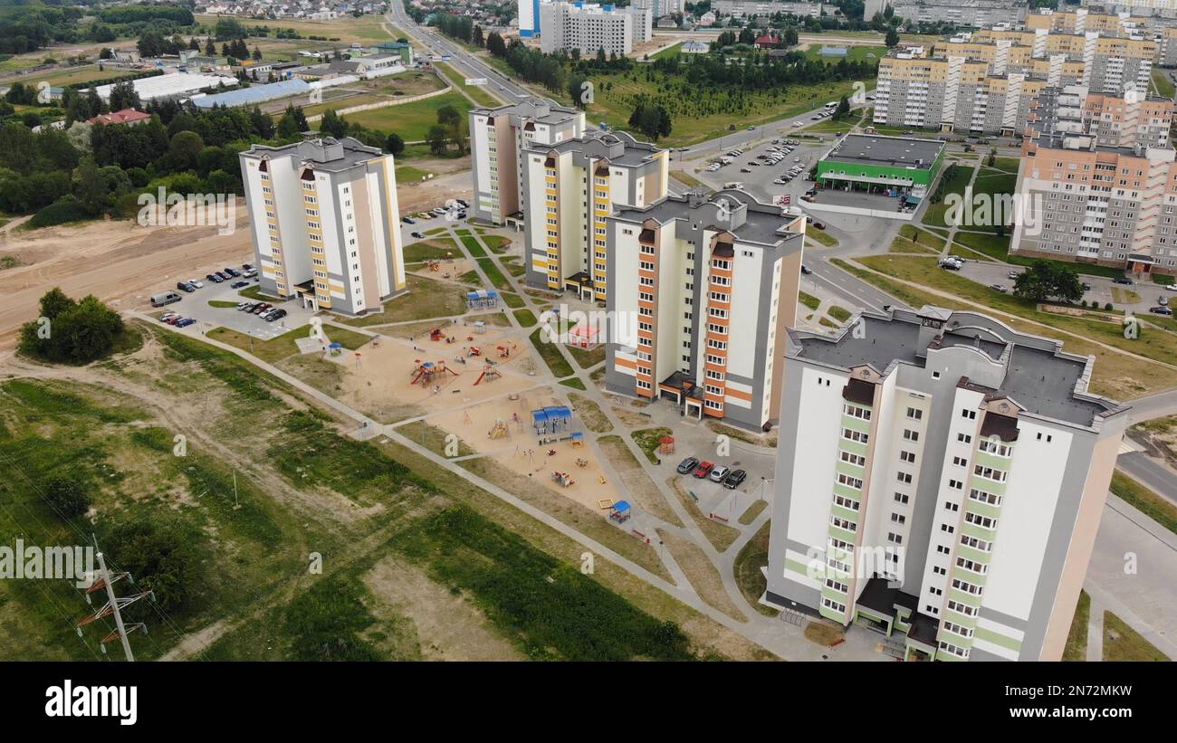A new recently built neighborhood of apartment buildings. Drone video ...