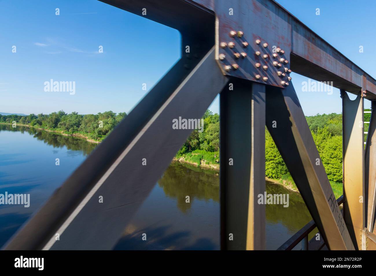 Marchegg, railway bridge above river Morava (March) in Marchfeld, Lower ...