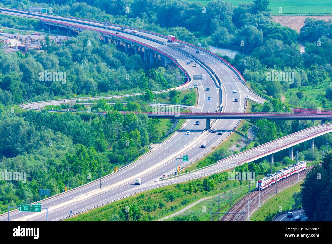 Povazska Bystrica (Waagbistritz), freeway D1, cars, train line ...