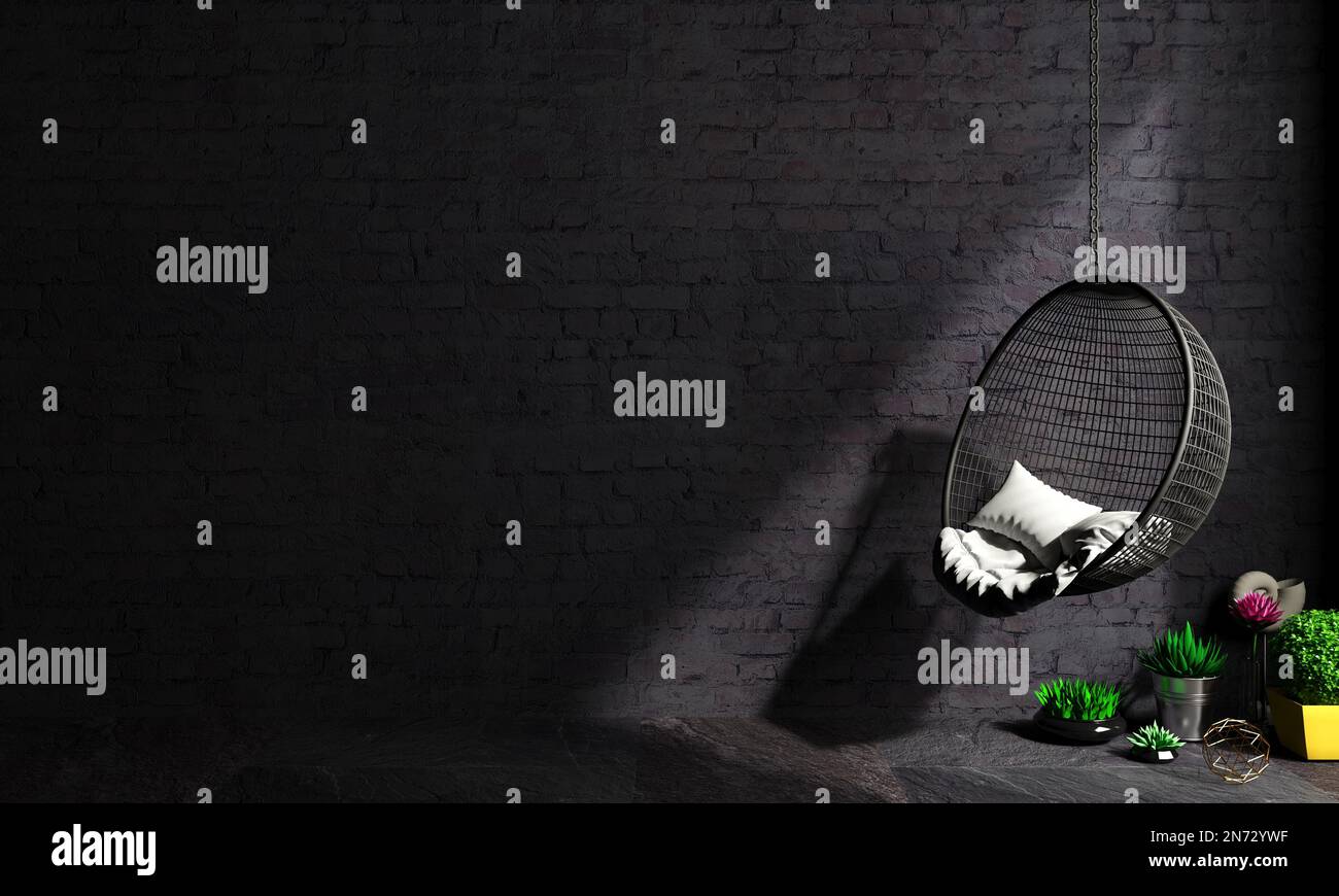 Loft interior and hanging black chair cocoon Stock Photo - Alamy