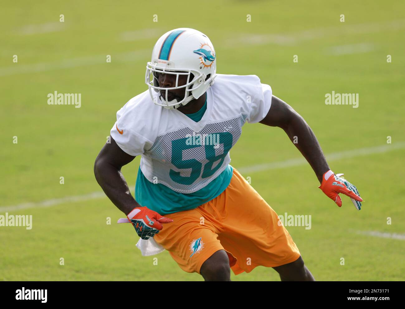 Miami Dolphins linebacker Lee Robinson (58) does drills during an NFL ...