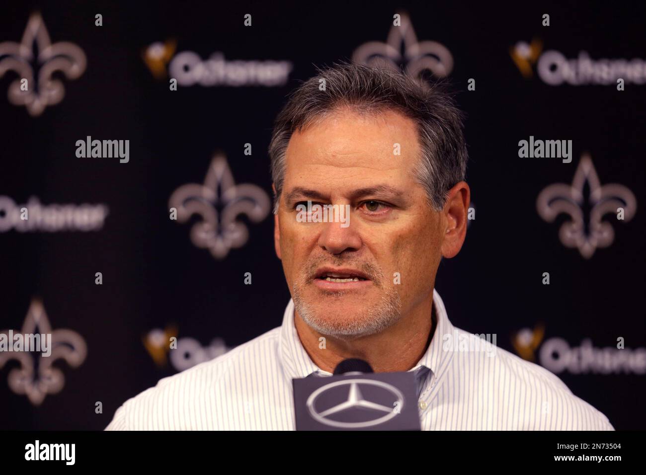 New Orleans Saints general manager Mickey Loomis speaks to reporters on ...