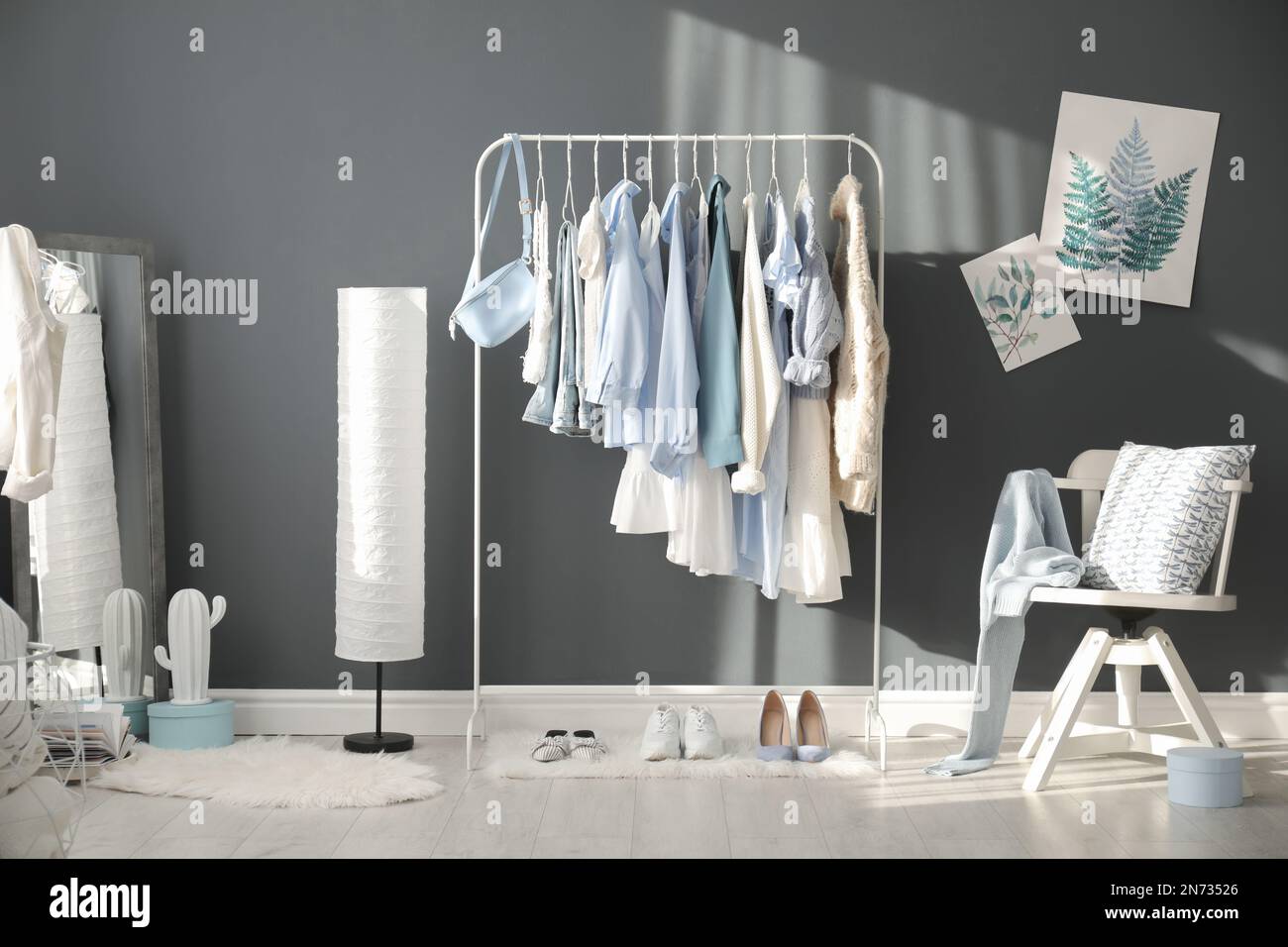 Dressing room interior with clothing rack and mirror Stock Photo - Alamy