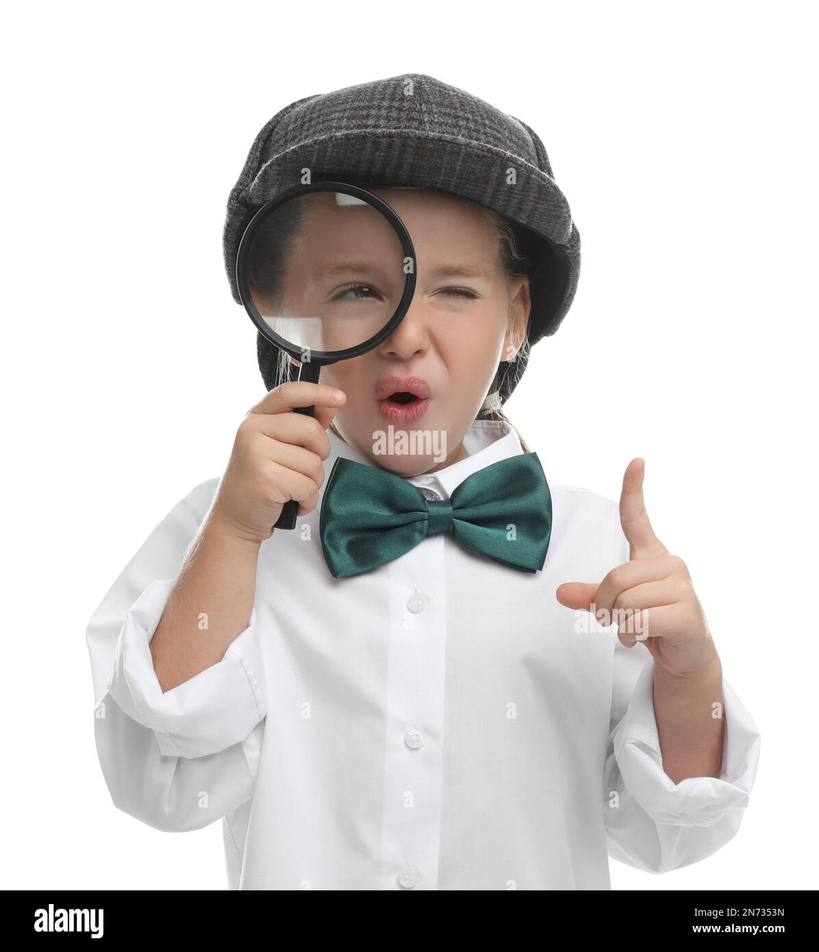 Cute little detective with magnifying glass on white background Stock ...