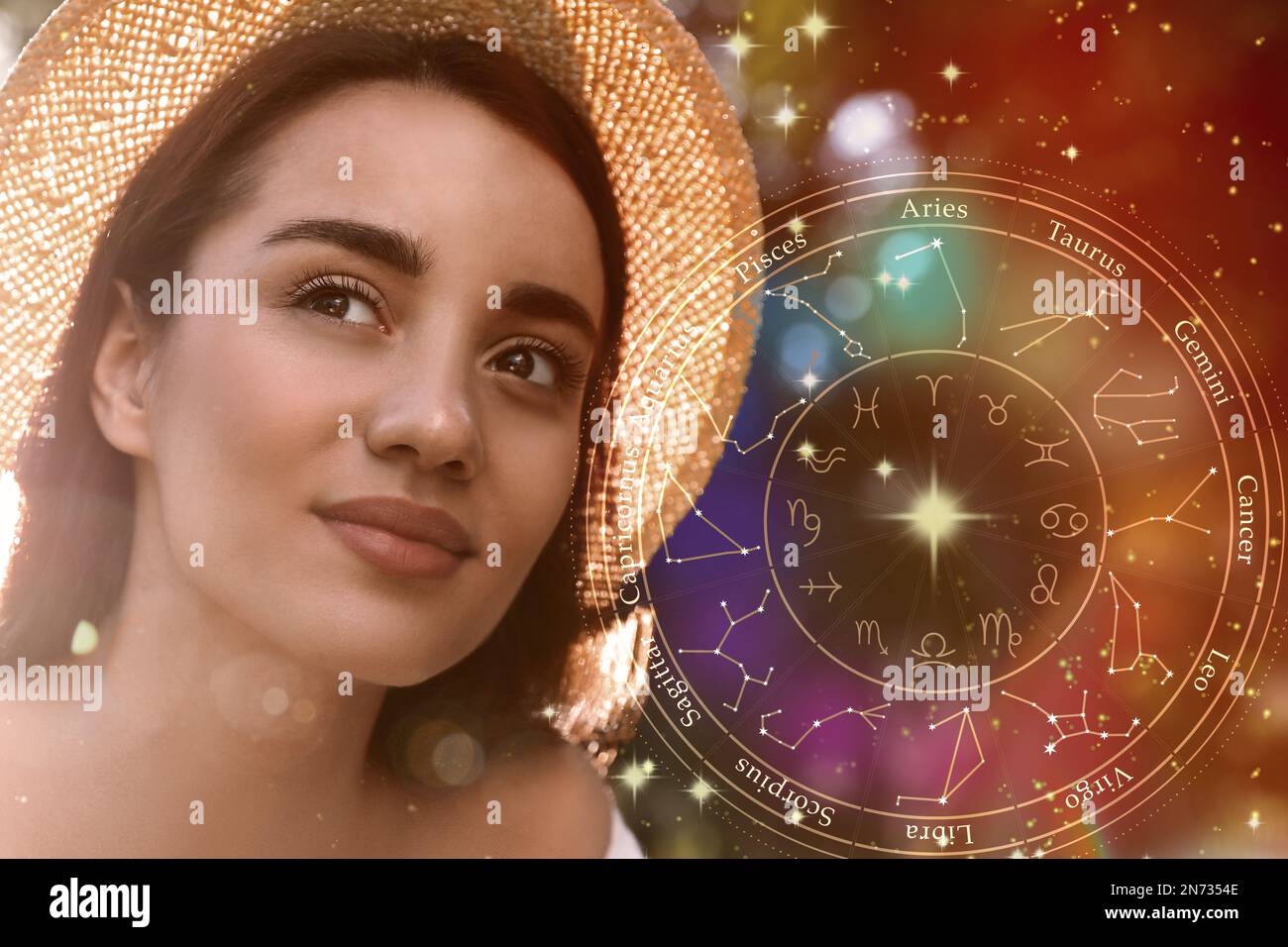 Beautiful young woman and illustration of zodiac wheel with ...