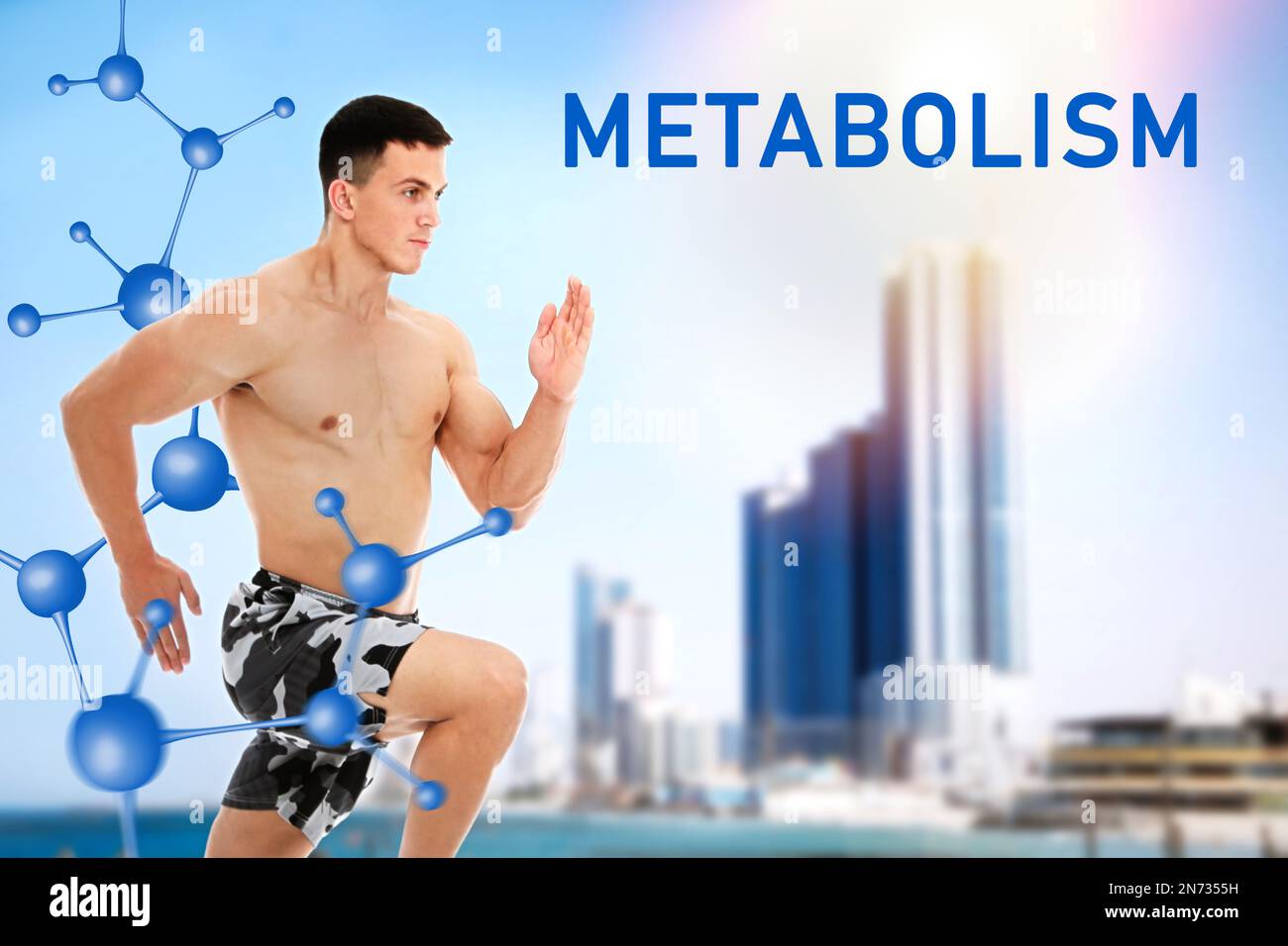 Metabolism concept. Molecular chain illustration and athletic young man ...