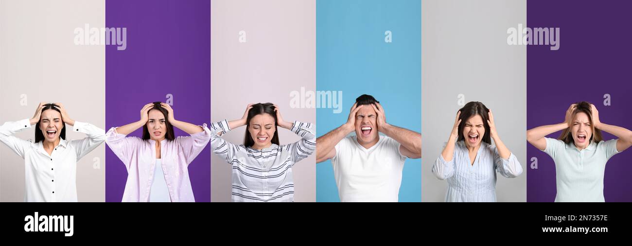 Collage with photos of stressed people on color backgrounds Stock Photo ...