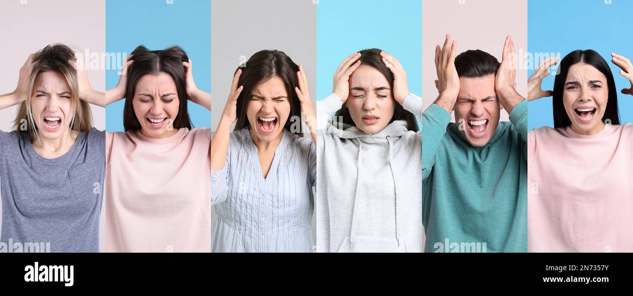 Collage with photos of stressed people on color backgrounds Stock Photo ...