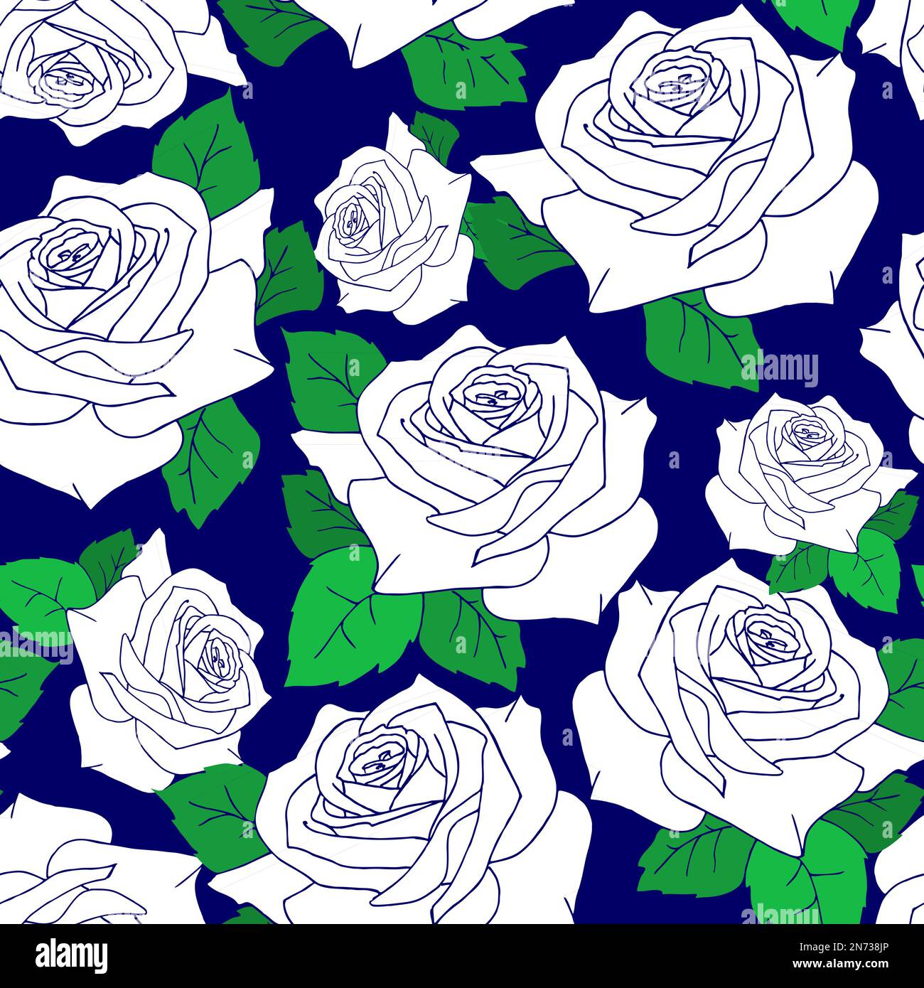 seamless pattern of large white rose flowers with leaves on a blue ...
