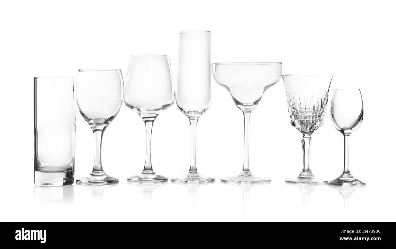 Set of new bar glassware on white background Stock Photo - Alamy