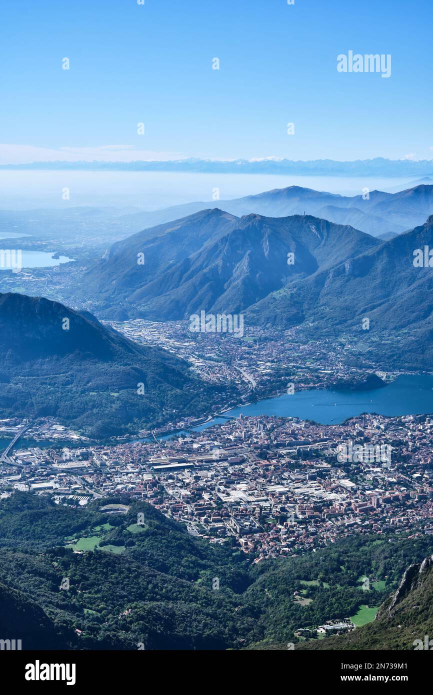 An aerial view of Lake Como, Lecco city and Mount Barro in Lombardy ...