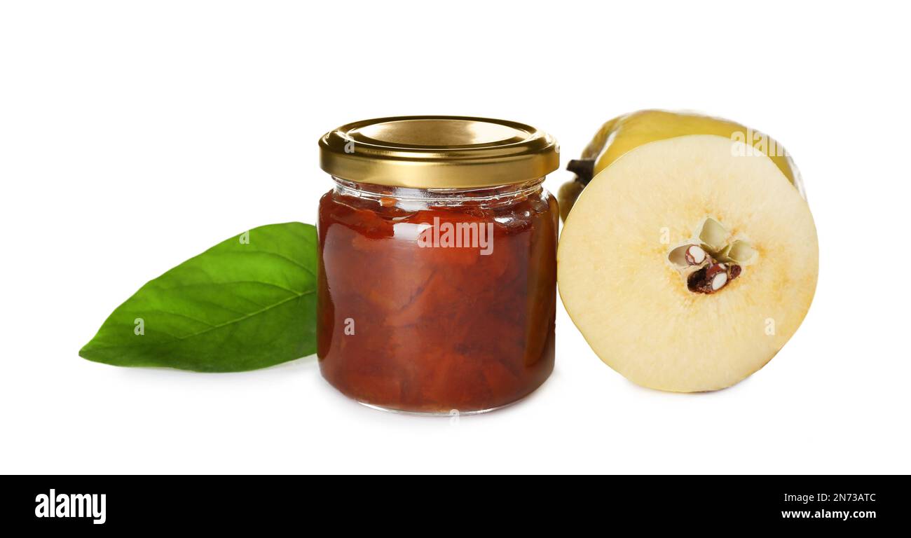 Delicious quince jam and fruits isolated on white Stock Photo - Alamy