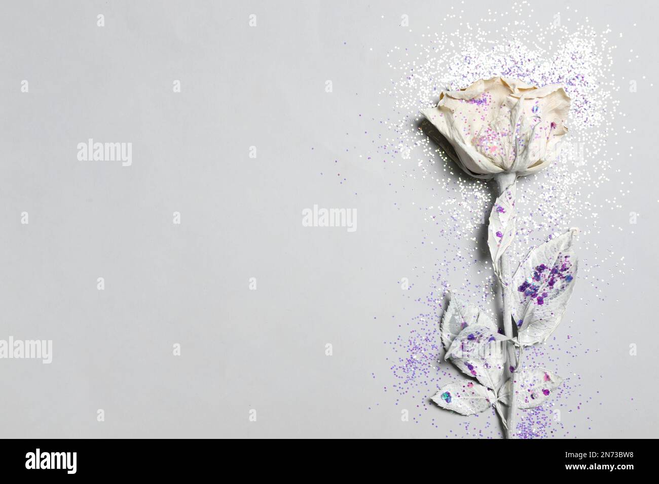 Beautiful dyed flower and glitter sprinkles on white background flat ...
