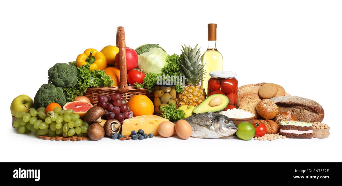 Different food products on white background. Balanced diet Stock Photo ...
