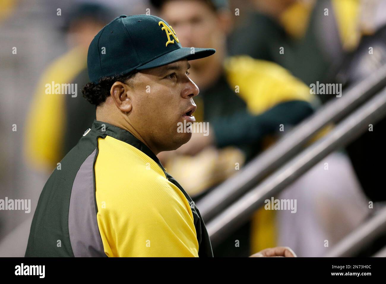 Oakland Athletics starting pitcher Bartolo Colon (40) sits in the ...