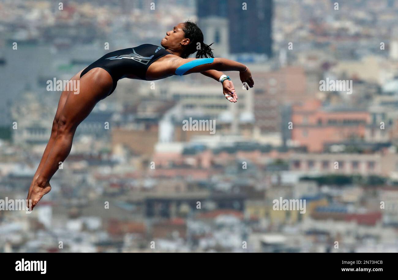 Maria Betancourt from Venezuela performs during the women's 10-meter ...