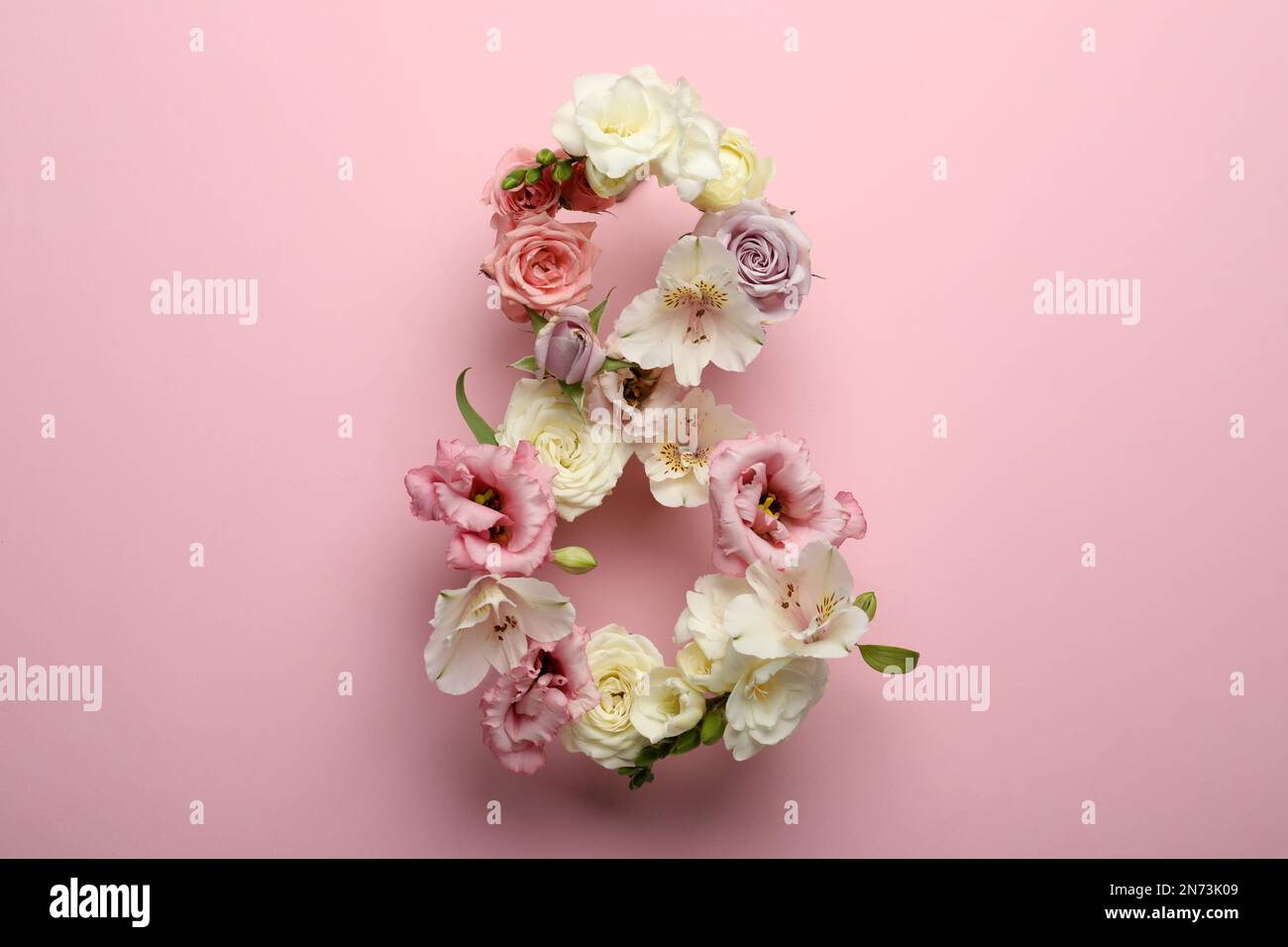 Number 8 made of beautiful flowers on pink background, flat lay ...