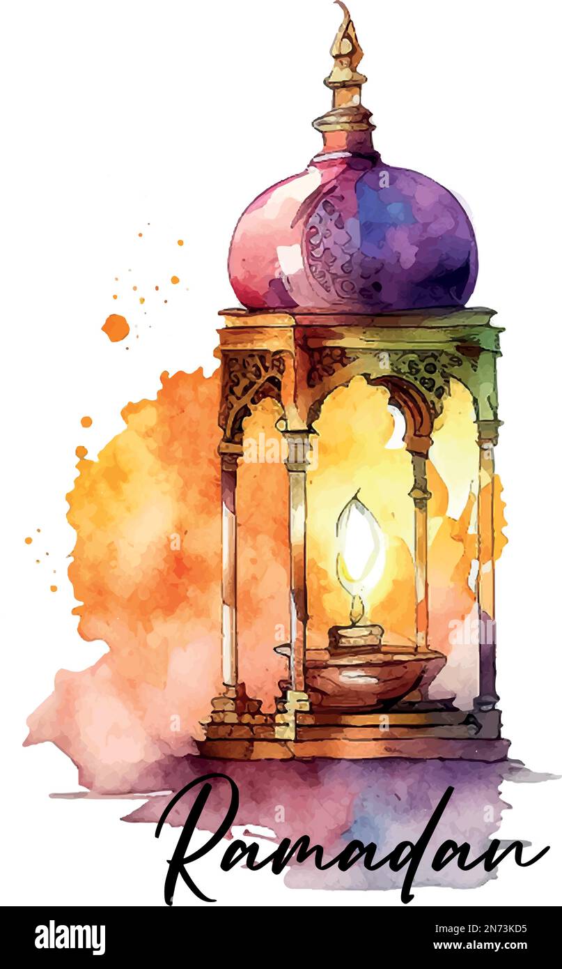 islamic lantern watercolor illustration with golden metal material ...